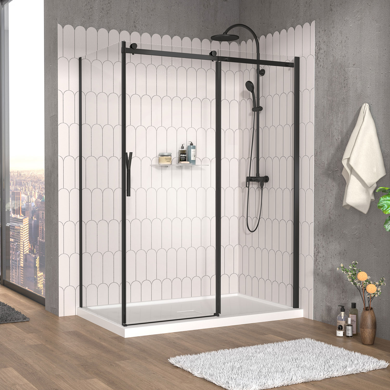 Shower door 60" x 36", in a corner closing on return, wall on the right, door on the left, in ...